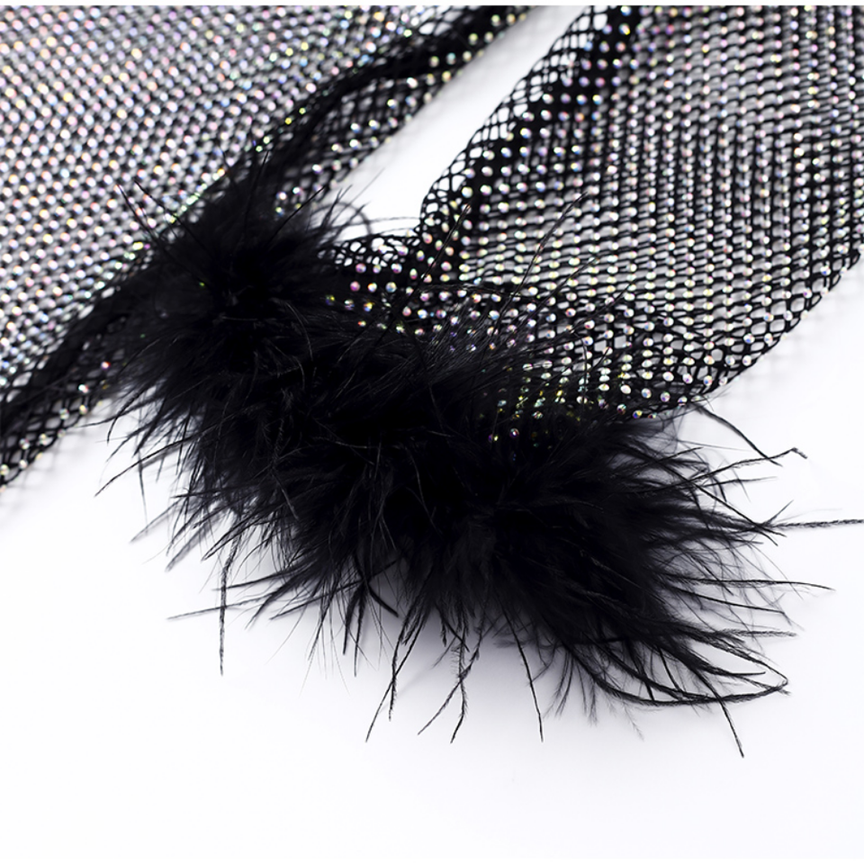 Lady Sheer Mini Feather Mesh Dress Rhinestone Fishnet Party Club ...