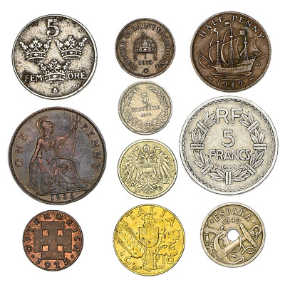 LOT OF 10 OLD EUROPEAN COINS UNTIL 1950 COLLECTIBLE CURRENCY FROM 19-20 ...