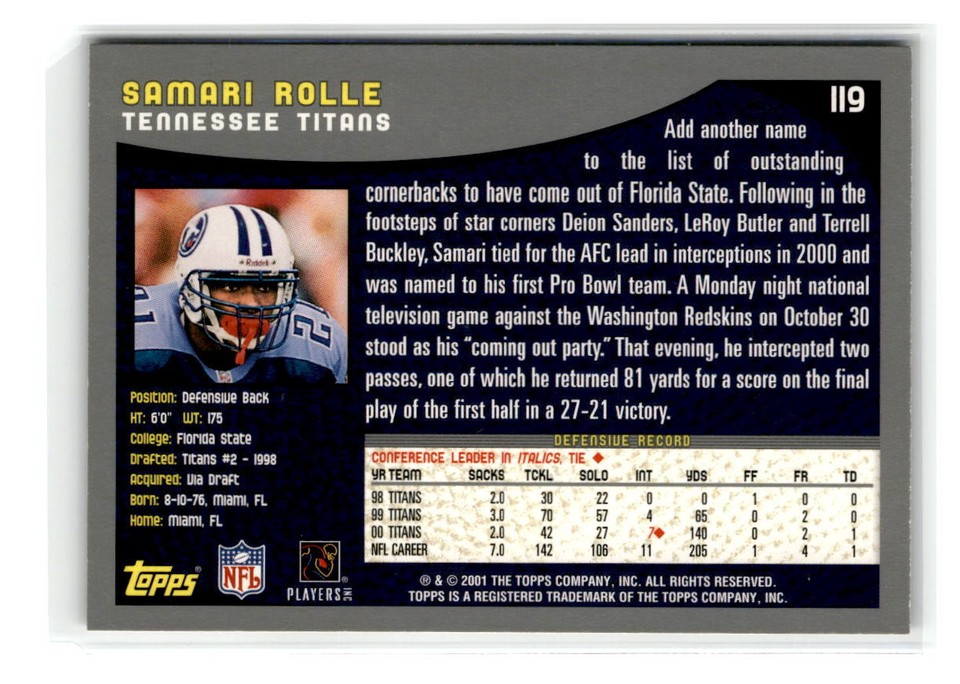 2001-Topps -#119-Samari Rolle -Tennessee Titans | eBay