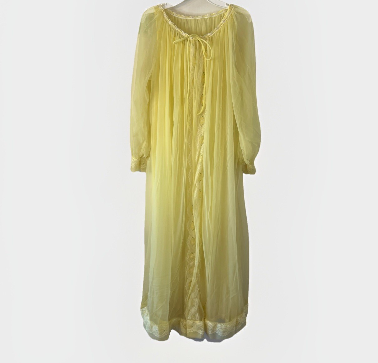 1950's MISS ELAINE Sheer Chiffon Yellow With Lace Pei… - Gem