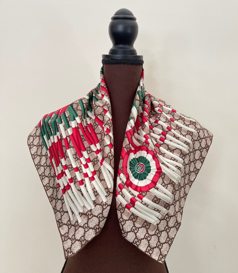 New Unisex Gucci Scarf GG Logo Club Brown Silk Head Wrap Bandana wt ...