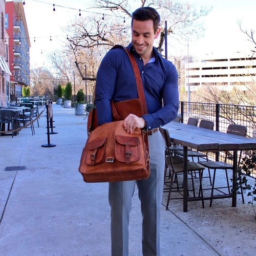18" Men's goat leather real messenger satchel bag Flapover brown laptop ...