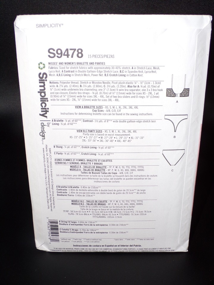 🌼 SIMPLICITY #S9478 - LADIES BRALETTE & TWO STYLE PANTIES PATTERN XS ...