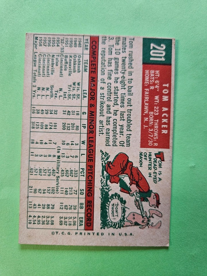 1959 Topps Baseball Tom Acker #201 Cincinnati Redlegs | eBay