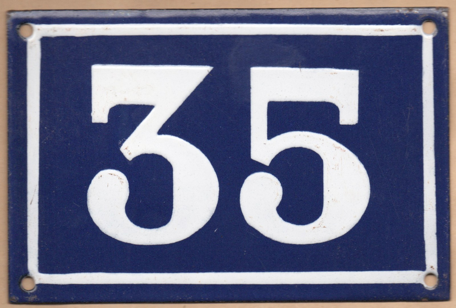 Old blue French house number 35 door gate plate plaque enamel steel ...