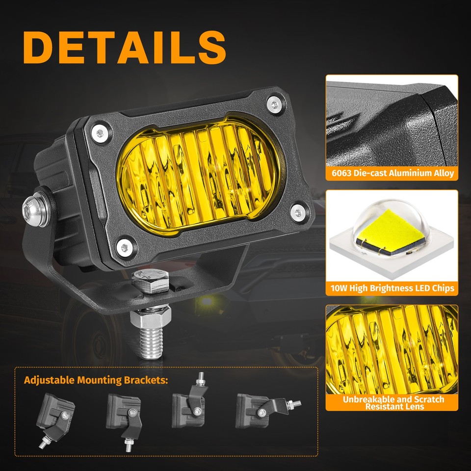 2x 3inch LED Cube Pods Work Light Bar Flood Beam Driving Fog Amber ...