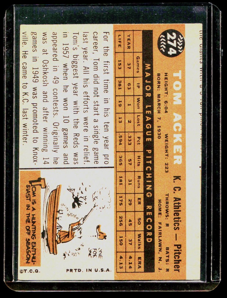 1960 Topps GOOD #274 Tom Acker Athletics | eBay