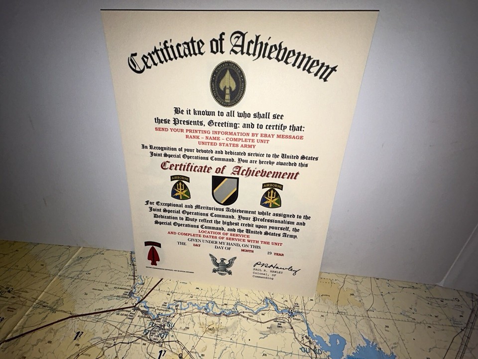 U.S. ARMY - JOINT SPECIAL OPERATIONS COMMAND - CERTIFICATE OF ...