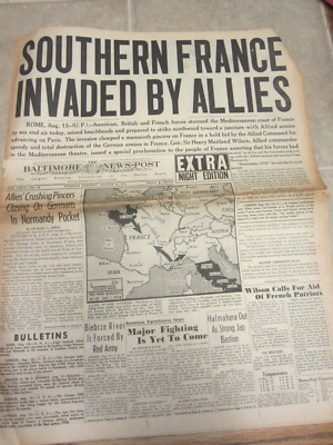 Baltimore News-Post Newspaper August 1944 Southern France Invaded BY ...