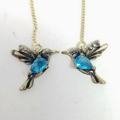Vintage Hummingbird Threader Chain Earrings, Blue Rhinestone Gold Tone ...