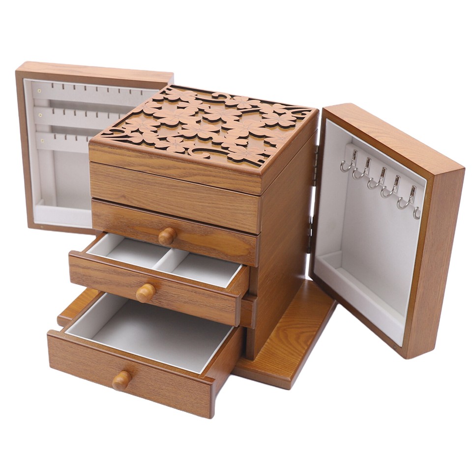 Vintage Large Jewelry Organizer Wooden Storage Box 5 Layers Case with 4 ...
