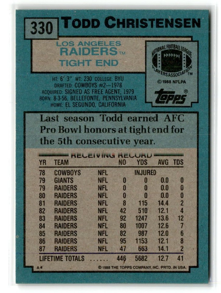 1988 Topps Football #330 Todd Christensen Los Angeles Raiders | eBay