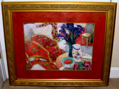 BALDWIN ART GROUP NANCY MACK PATIO DINING IRISES PASTEL ART GOLD FRAME ...
