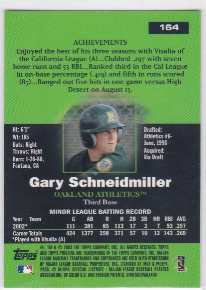 2003 Topps Pristine #164 Gary Schneidmiller Oakland A's Free Shipping ...