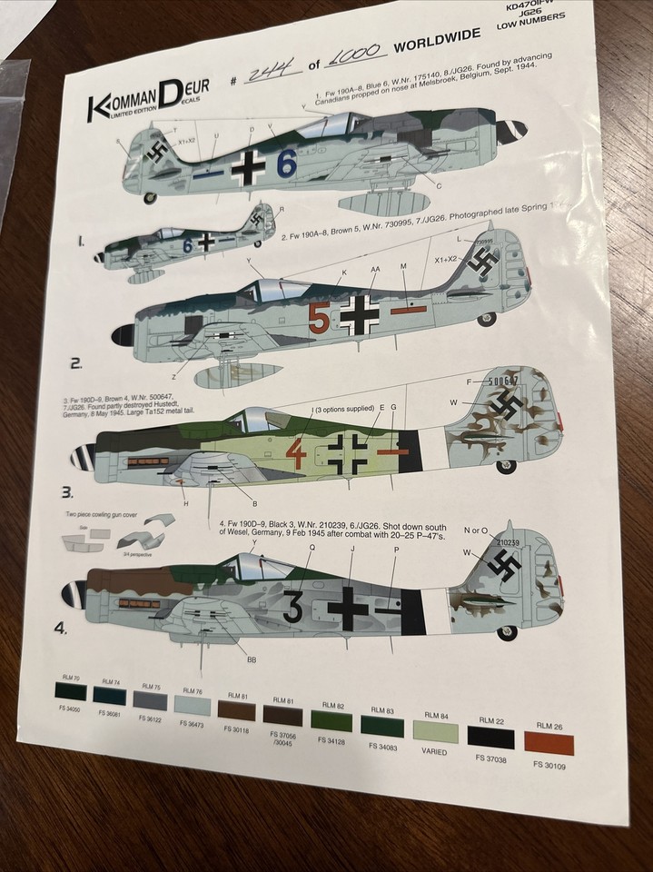 Kommandeur Decals 7204 1/72 Scale Fw 190 JG26 Low Numbers Limited Run ...