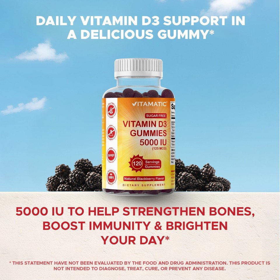 Vitamatic Sugar Free Vitamin D3 (5000 IU) - 120 Pectin Based Gummies ...