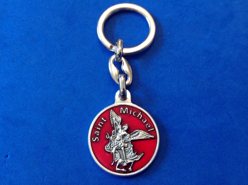 ARCHANGEL St MICHAEL RED ENAMEL Saint Medal KEY CHAIN, KEY RING Prayer ...