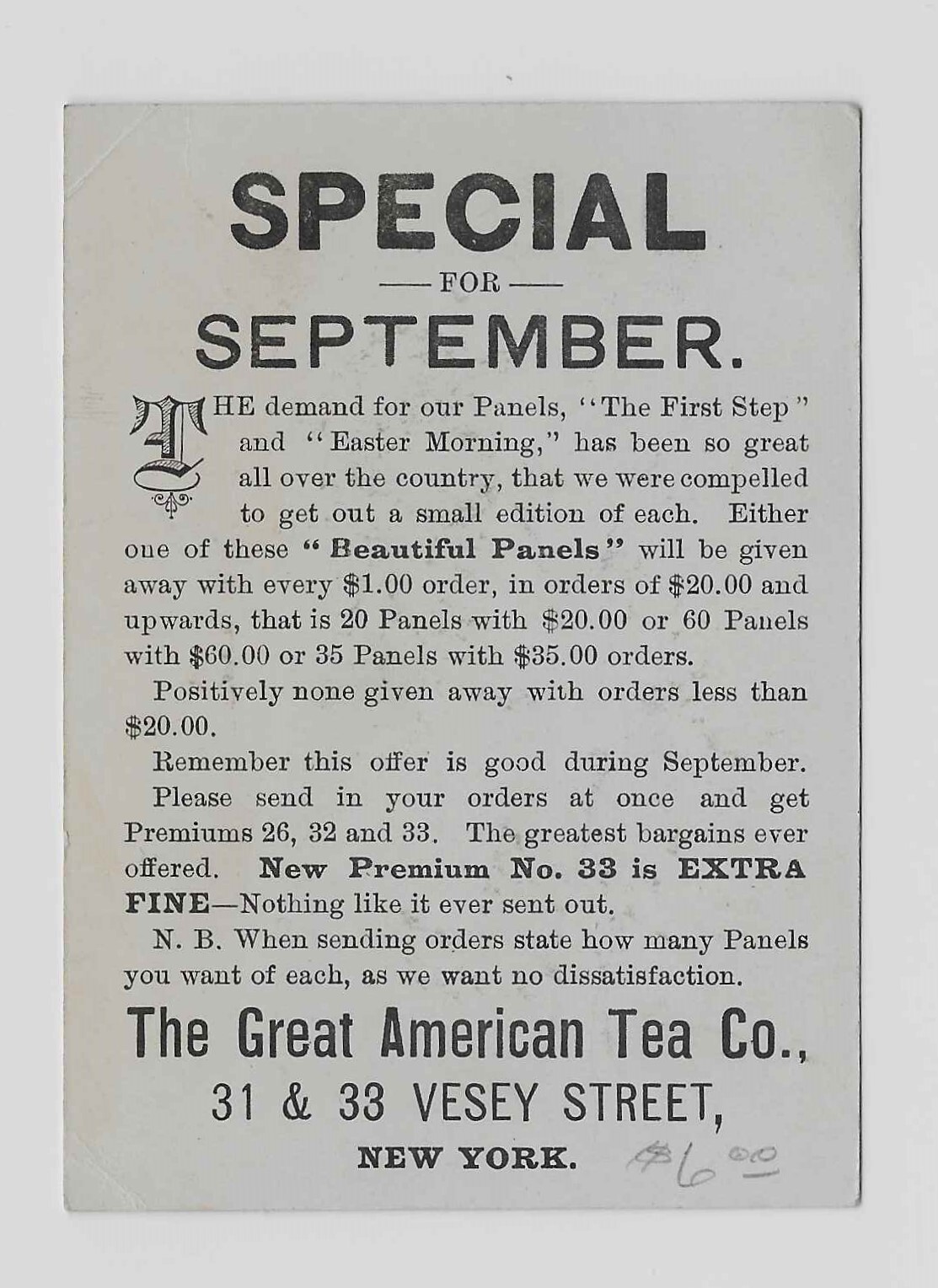 VICTORIAN TRADE CARD * GREAT AMERICAN TEA CO. NY * SPECIAL SEPT ...