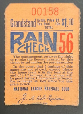 1940s Vintage MLB Boston Braves Baseball Grand Stand Rain Check Ticket ...