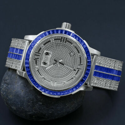 White Gold Sapphire Blue Real Diamonds Roman Dial Solid Steel Bezel ...