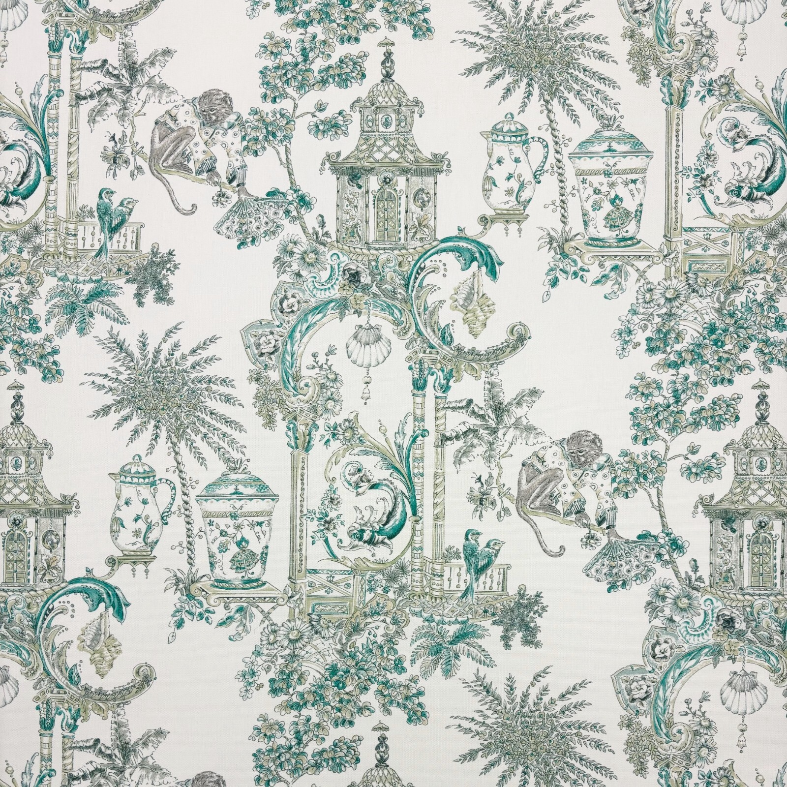 VILBER SIAM TOILE VERT GREEN MONKEY ORIENTAL TEMPLE COTTON FABRIC 7.5 ...