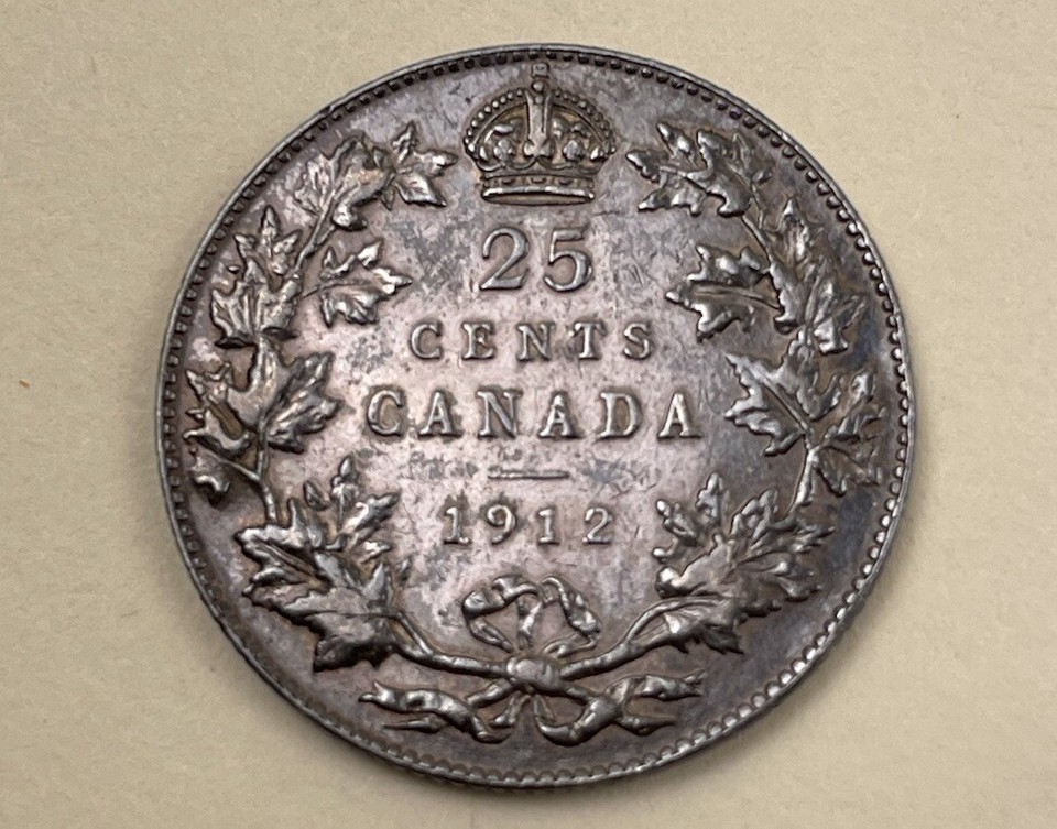 OLD CANADIAN COIN 1912 - 25 CENTS - .925 SILVER - George V - WWI era ...