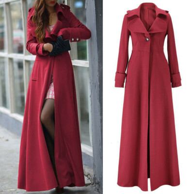 Womens Fashion Lapel Long Jacket Winter Warm Slim Fit Maxi Trench Coats ...