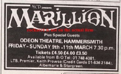 MARILLION UK TIMELINE Advert - Hammersmith Odeon 9 & 11 Mar-1984 2x3 ...