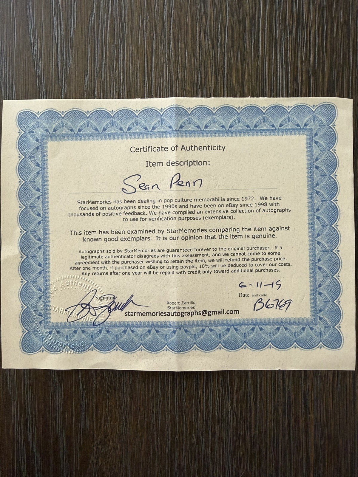 Sean Penn Autographed 3x5 Index Card Hollywood Actor COA Authenticated ...