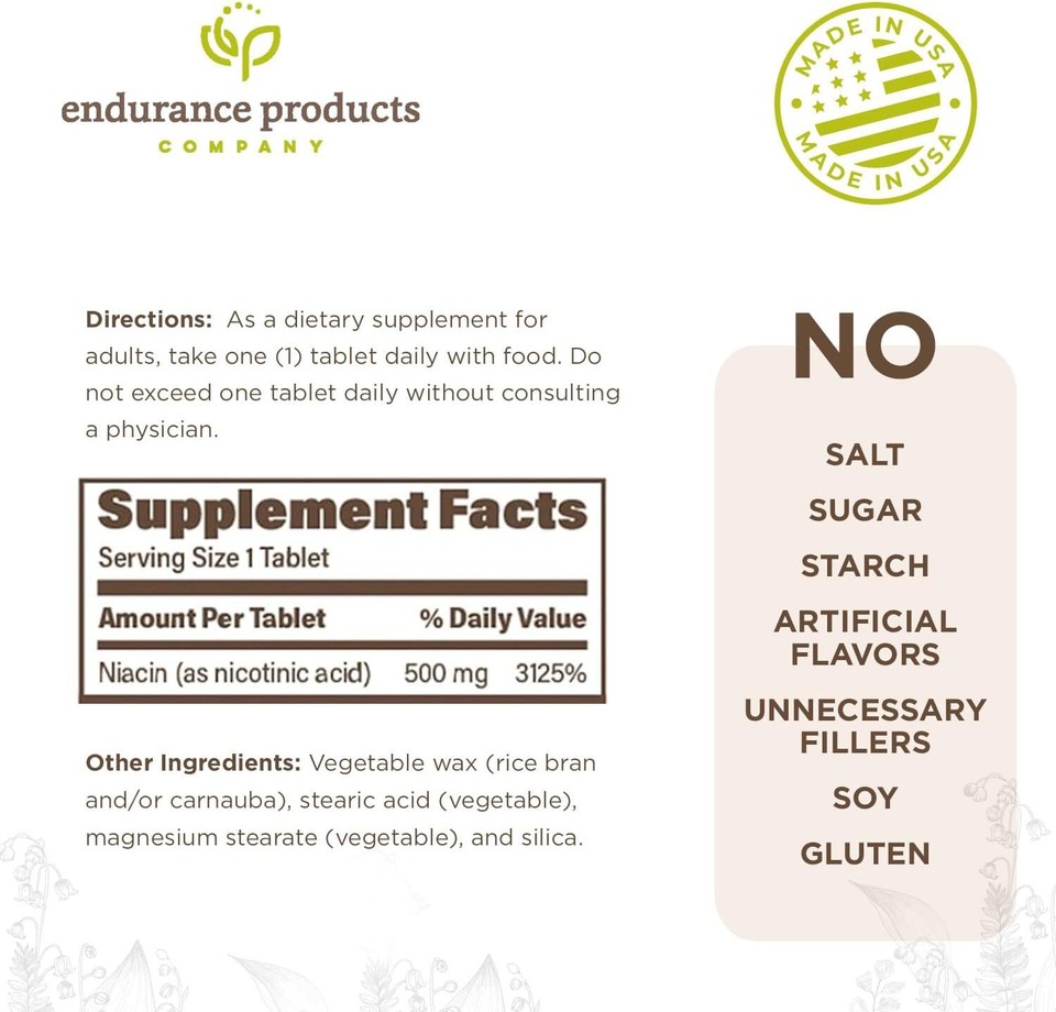 Endur Acin Niacin 500Mg Extended Release Vitamin B3 Low Flush 200 ...