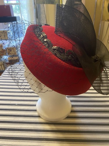 Vintage Retro Ladies Red Hat Black Netting Veil Black Bow Sequins | eBay