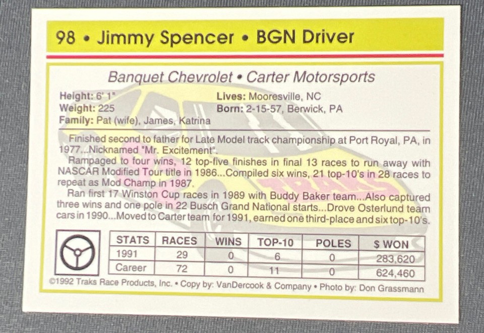 1992 Traks Racing Card Single Nascar #98 Jimmy Spencer winston cup race ...