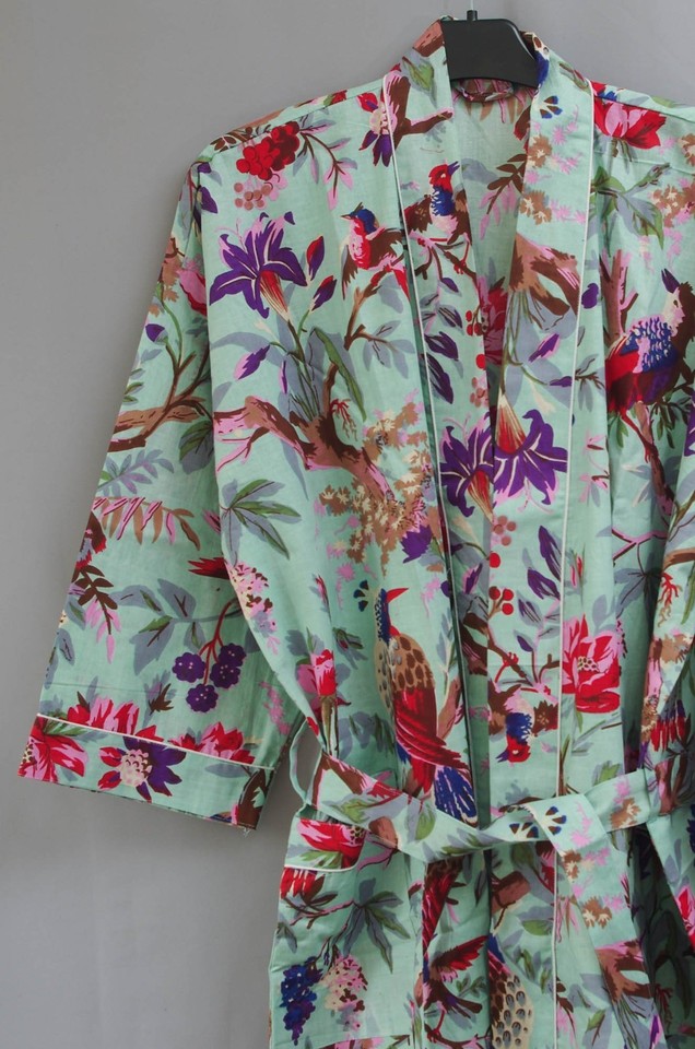 Indian Bird Printed Green Cotton Robes Long Kimono Sleepwear Night ...