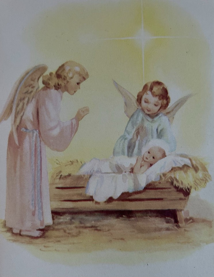 Vintage Mid Century Christmas Greeting Card Cute Angels Adoring Baby ...