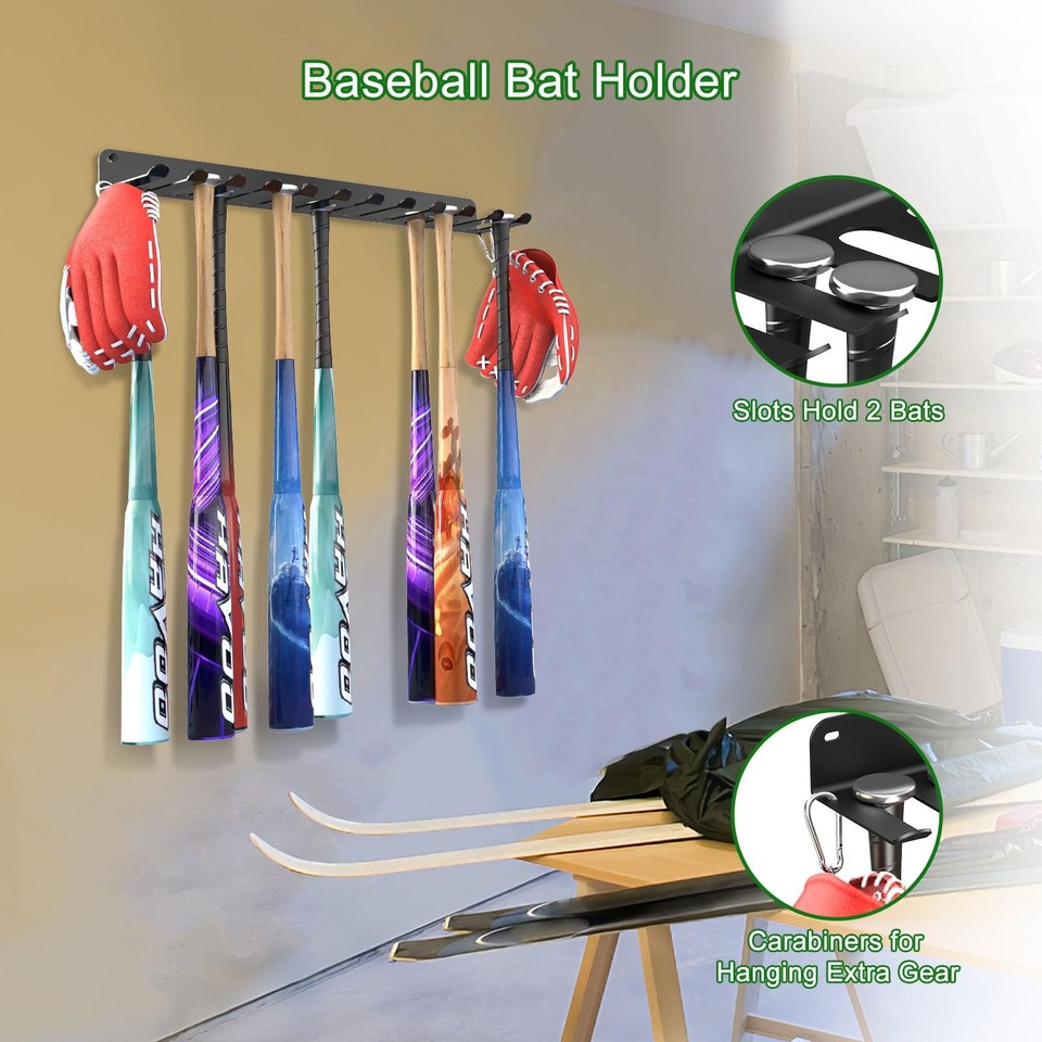 QBA Wall Mount Baseball Bat Holder Heavy Duty Metal Bat Rack Holds 22 ...