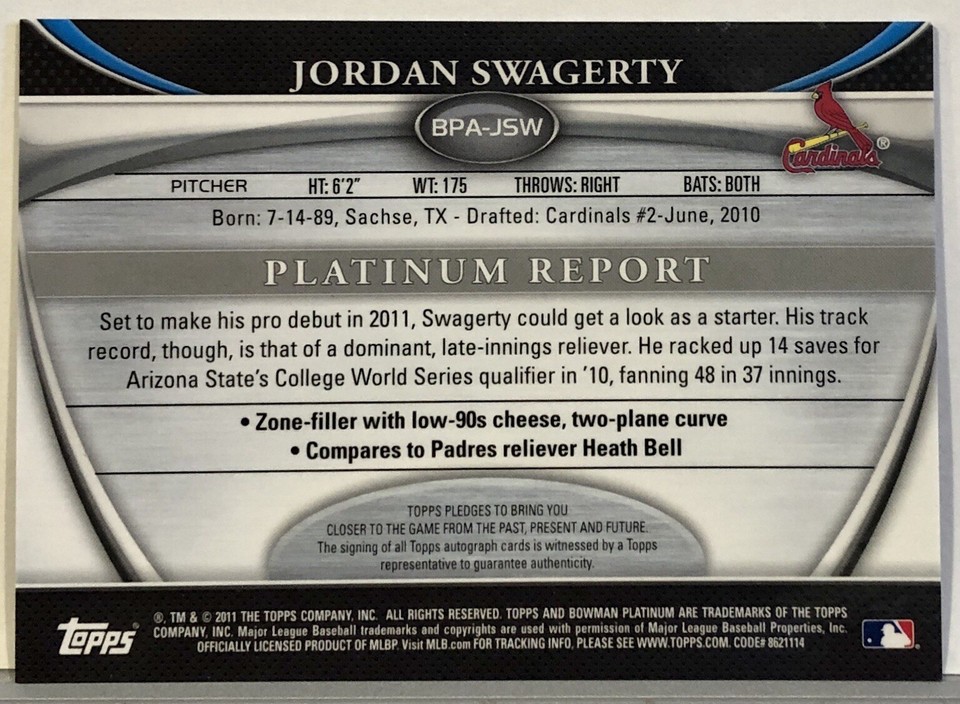 2011 Bowman Platinum Prospect Jordan Swagerty #BPA-JSW Auto | eBay