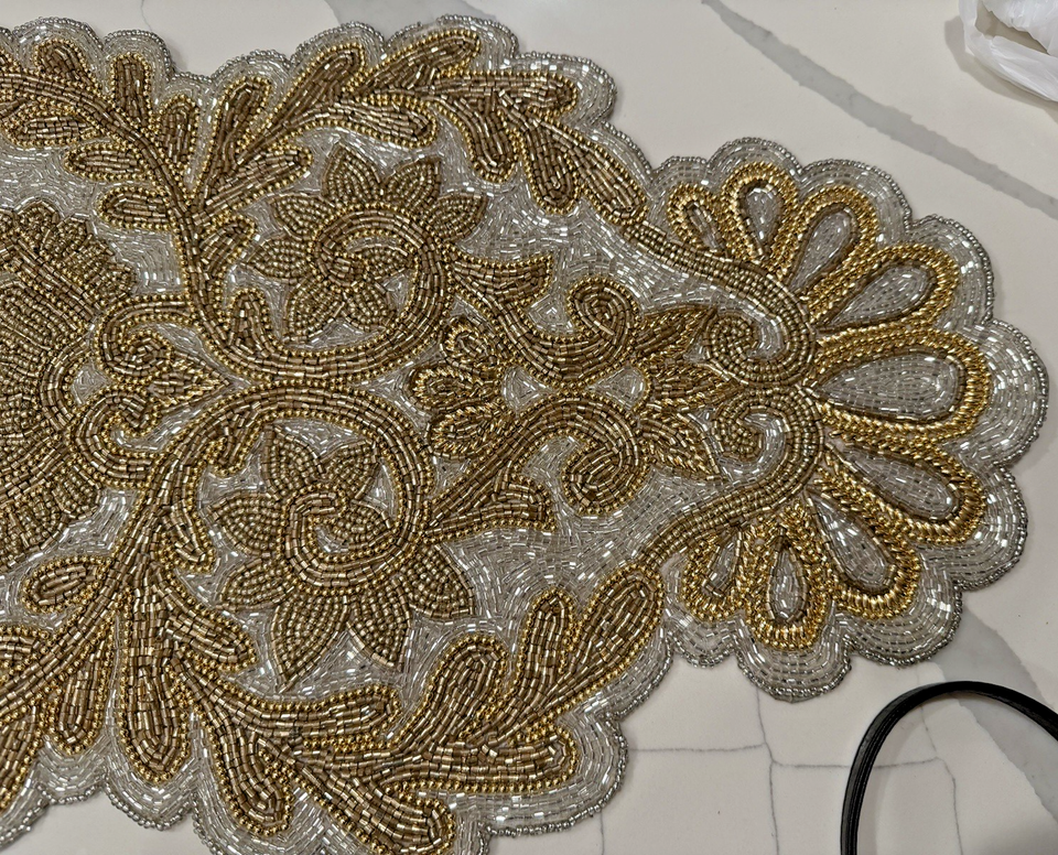 Beaded Table Runner Christmas Silver Gold Figural New NWT 36" Rachel ...