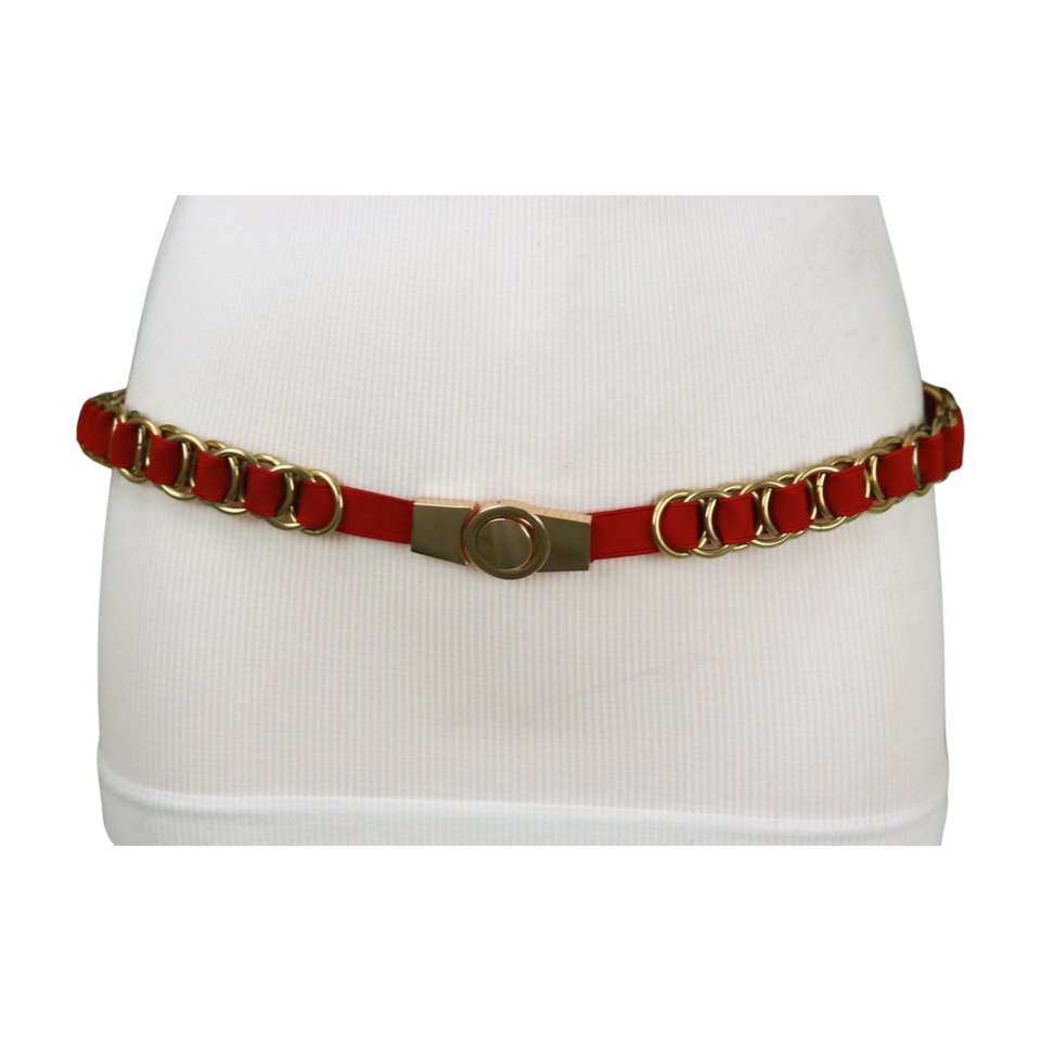 Women Red Stretch Skinny Strap Pant Jeans Loop Belt Gold Metal Chain ...