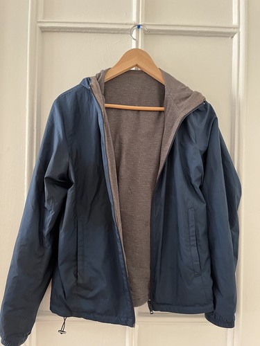 UNIQLO Dark Blue & Gray Reversible Jacket Full Zip Pockets Hooded Mens ...