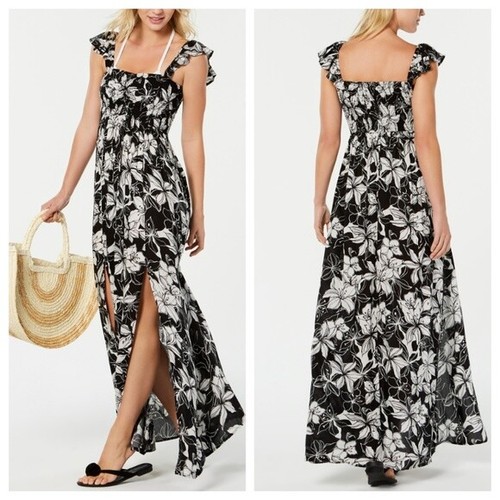 Raviya Printed Ruffled Maxi Dress Cover Up Black White M XL Medium ...