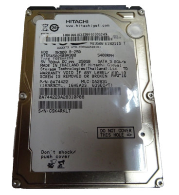 250 GB SATA NOTEBOOK HDD HITACHI HTS545025B9A300 S/N: CSK4RKLT 2,5 " # ...