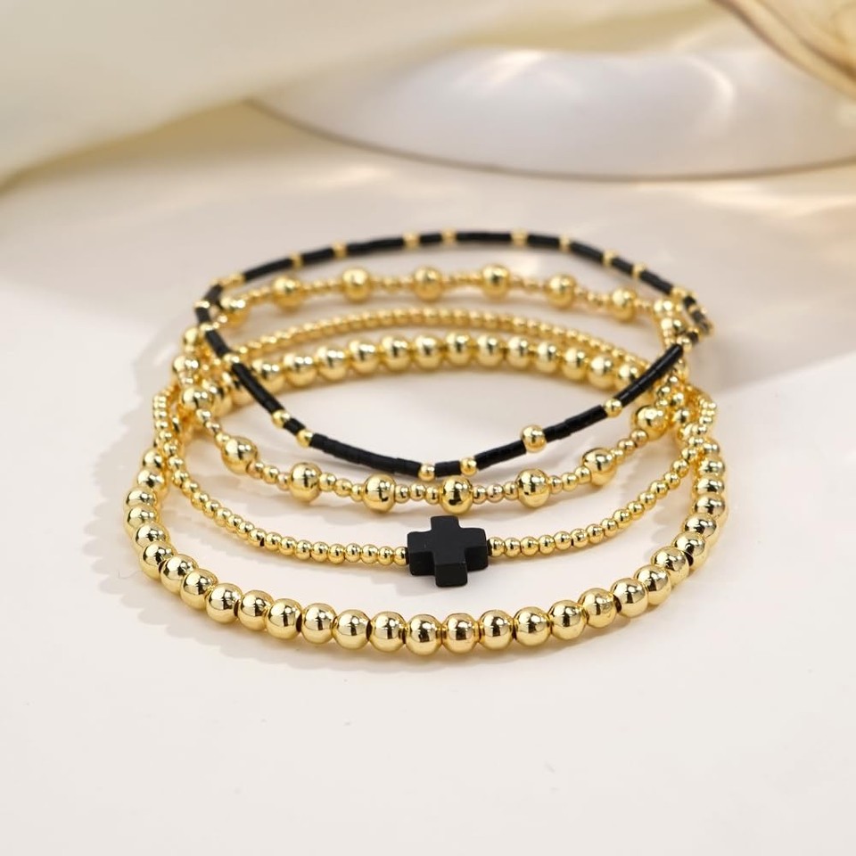 4PCS/Set Black Cross 14K Gold Ball Beaded Bracelets Stack for Women ...