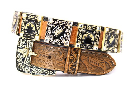 West Belt Cowboy Double Pistol Bull Rider Floral Tan Rhinestone Pants ...