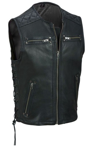 Men's Real Leather Quilted Panels Bikers Vest Side Laces Cow Leather ...