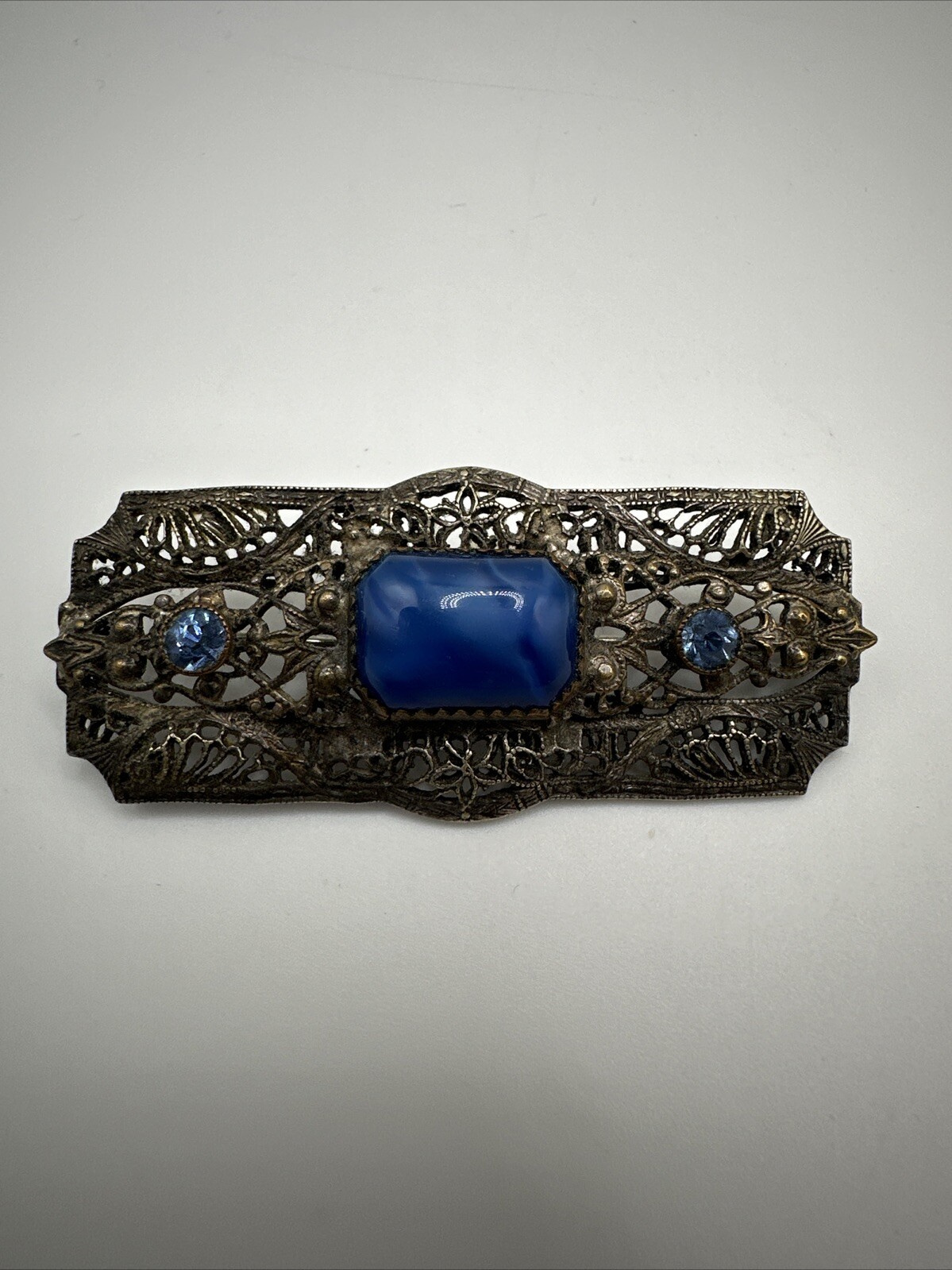 Antique Victorian Filigree Blue Stone Rectangle Brooc… - Gem