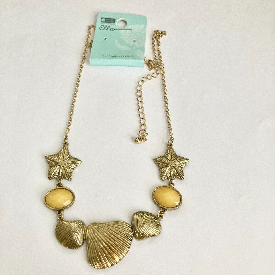 Gold Sea Shell Starfish Bib Necklace Plated Sea Life Island Nautical ...