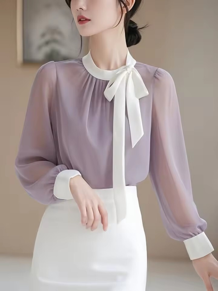 2025 NEW Chiffon Women Blouses Spring/Autumn Shirts Bow Tops O-necks ...
