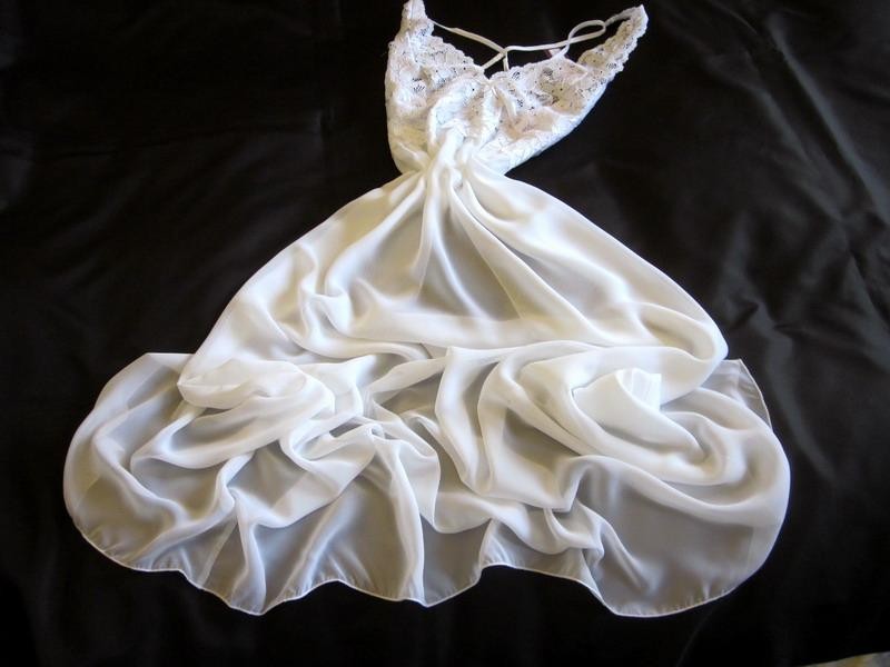 Sheer Chiffon Nightdress Long Nightie + Thong L White Lacy Open Lace-Up ...