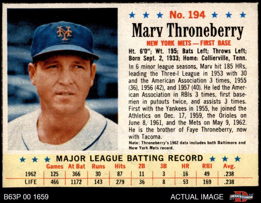 1963 Post Cereal #194 Marv Throneberry Mets 5 - EX | eBay