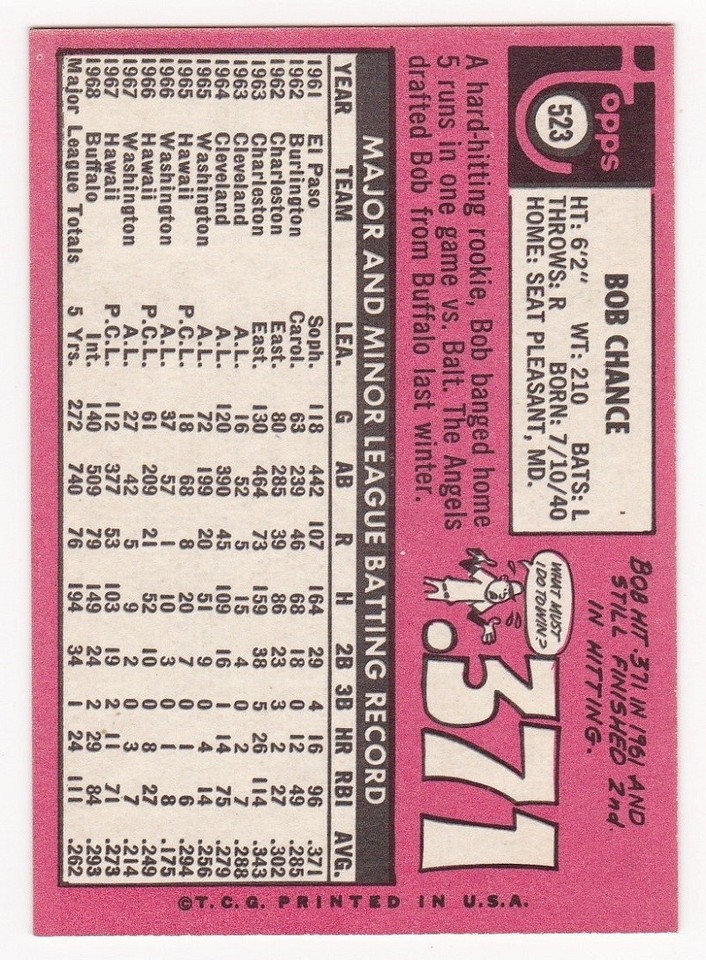 BOB CHANCE 1969 Topps Baseball # 523 California Angels Ex Plus - NM | eBay